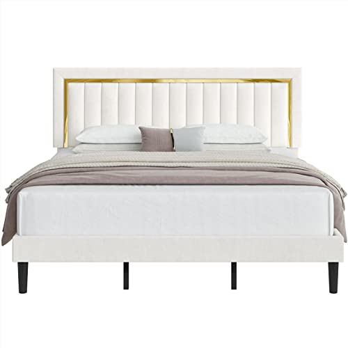 HITHOS King Size Bed Frame with Adjustable Tufted Headboard, Velvet Upholstered Platform Bed Frame with Gold Trim, Heavy Duty Mattress Foundation with Steel Frame, Easy-Assembly Slats (Beige, King)