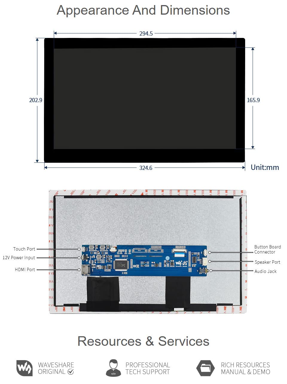 waveshare 13.3inch Capacitive Touch Screen LCD Compatible with Raspberry Pi 4B/3B+/3A+/2B/B+/A+/Zero/Zero W/WH/Zero 2W CM3+/4 1920×1080 Resolution HDMI IPS Supports Jetson Nano/Windows