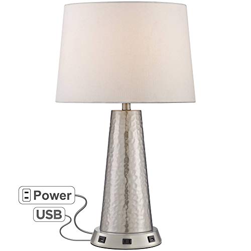 360 Lighting Modern Table Lamp with USB and AC Power Outlet Workstation Charging Base 25.75" High Silver Leaf Hammered Metal Off White Fabric Drum Shade for Living Room Bedroom Bedside