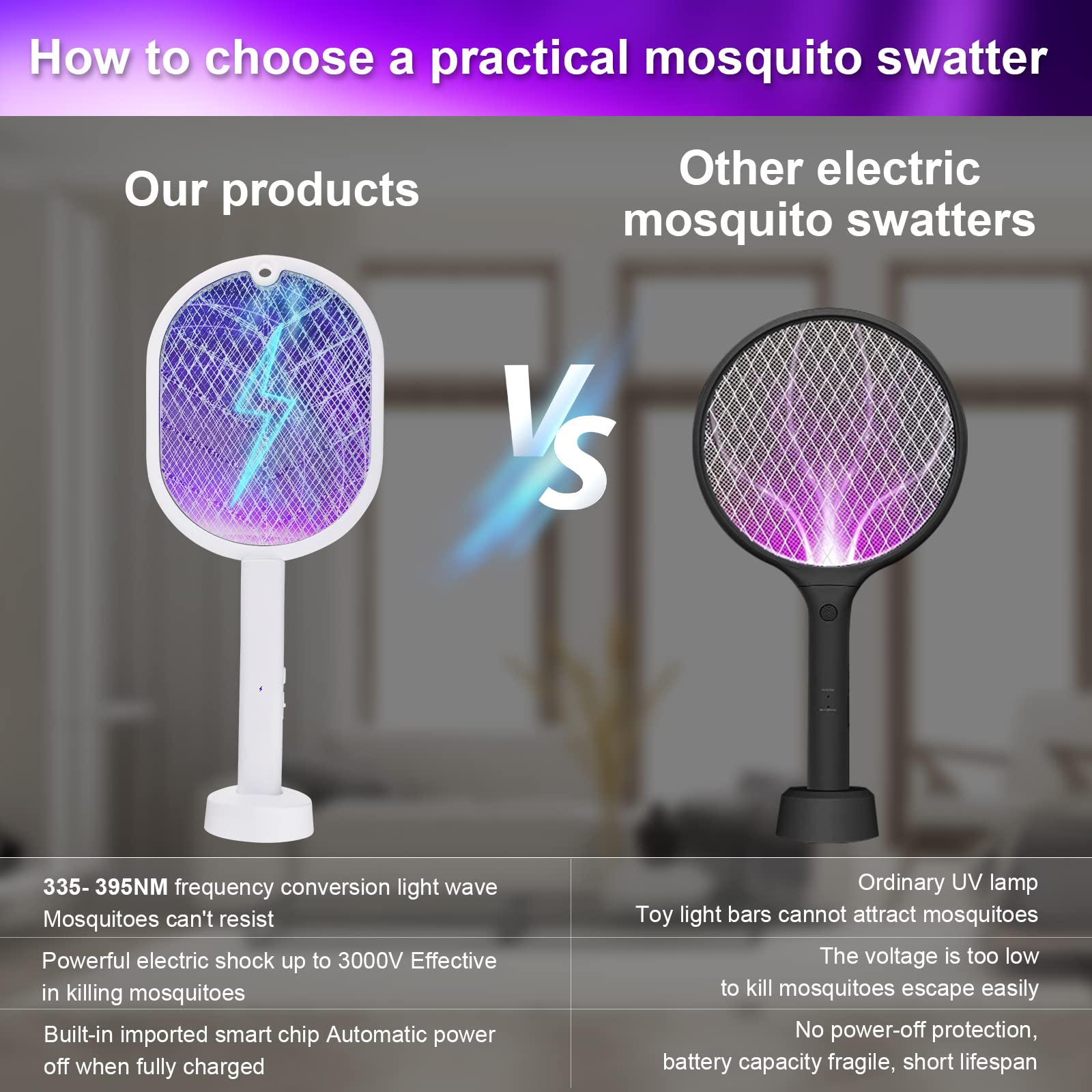 4 Pcs Electric Fly Swatter Bug Zapper Racket 2 in 1 USB Rechargeable Mosquito Racket 3000v High Powered Mosquito Killer for Indoor Outdoor Home Bedroom Kitchen Patio Office Insect