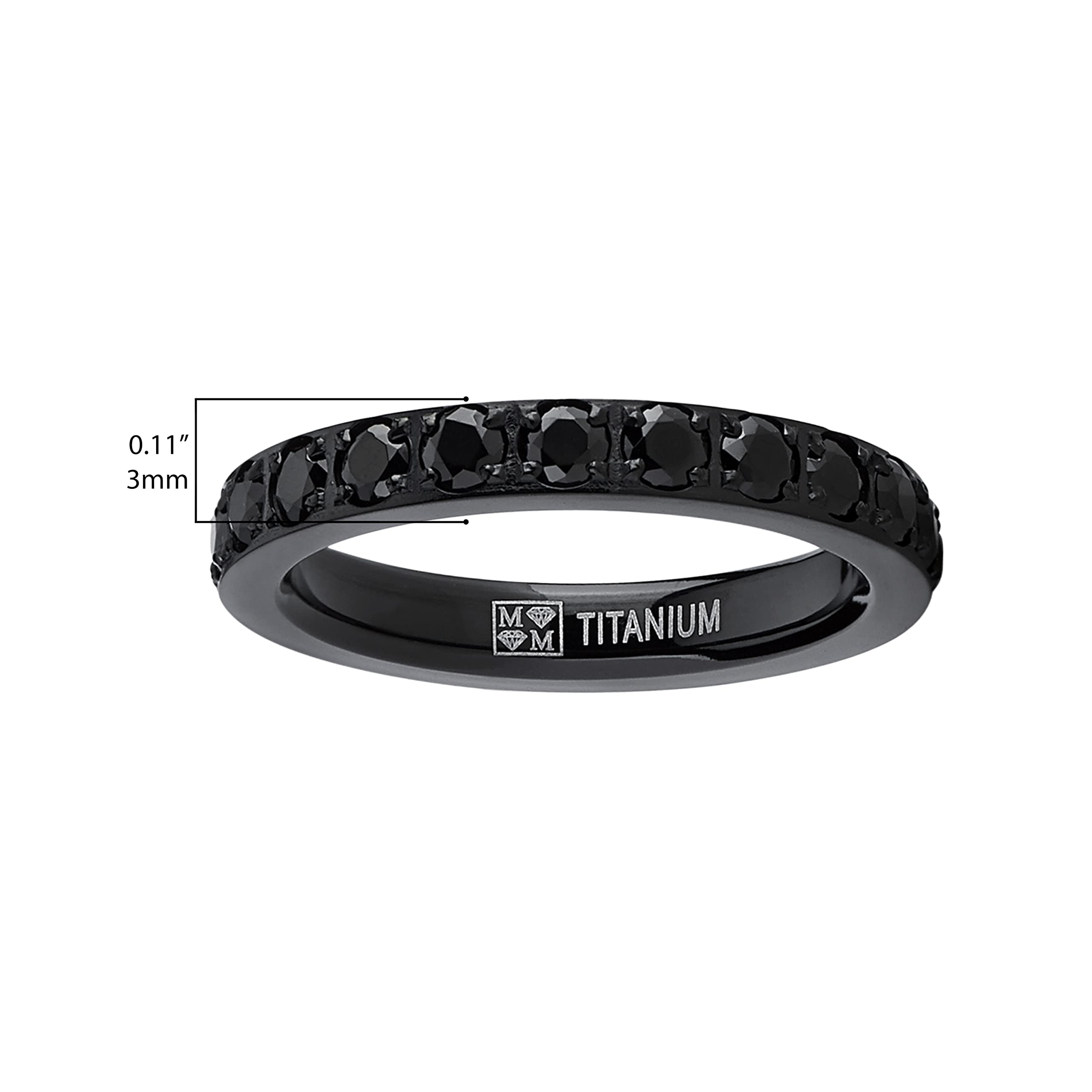 3MM Ladies Black Titanium Eternity Engagement Band, Wedding Ring with Black Pave Set Cubic Zirconia 8