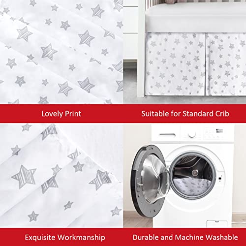 Crib Skirt Boy Girl Pleated Dust Ruffle Machine Washable, 14" Drop, Toddler Crib Bed Skirt White with Grey Star, Microfiber Nursery Standard Crib Bedding Skirt