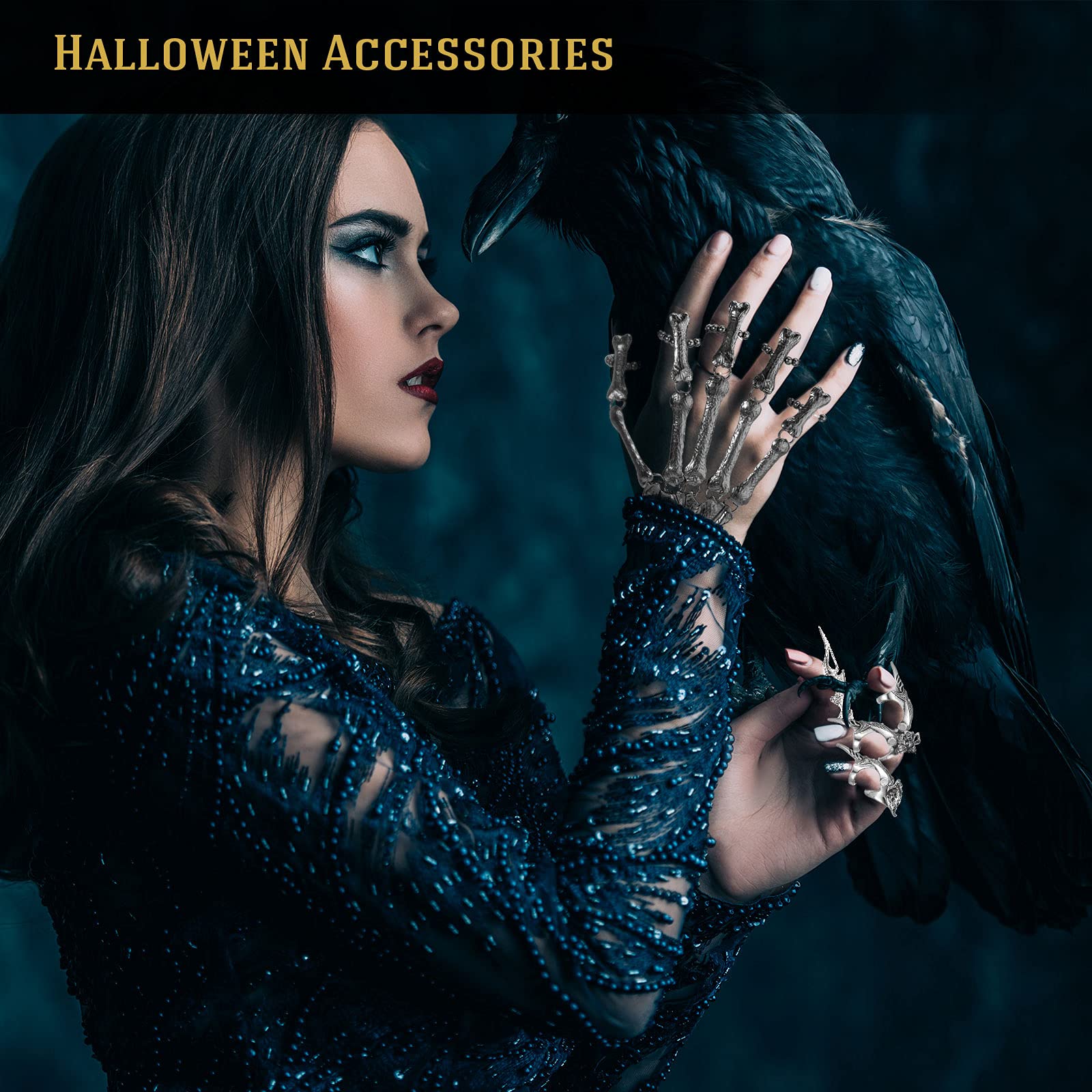 5 Pieces Full Finger Ring Punk Wristband Skull Fingers Hand Bracelet Skull Finger Skeleton Joint Bracelet Knuckle Full Ring for Halloween Accessories (Black)