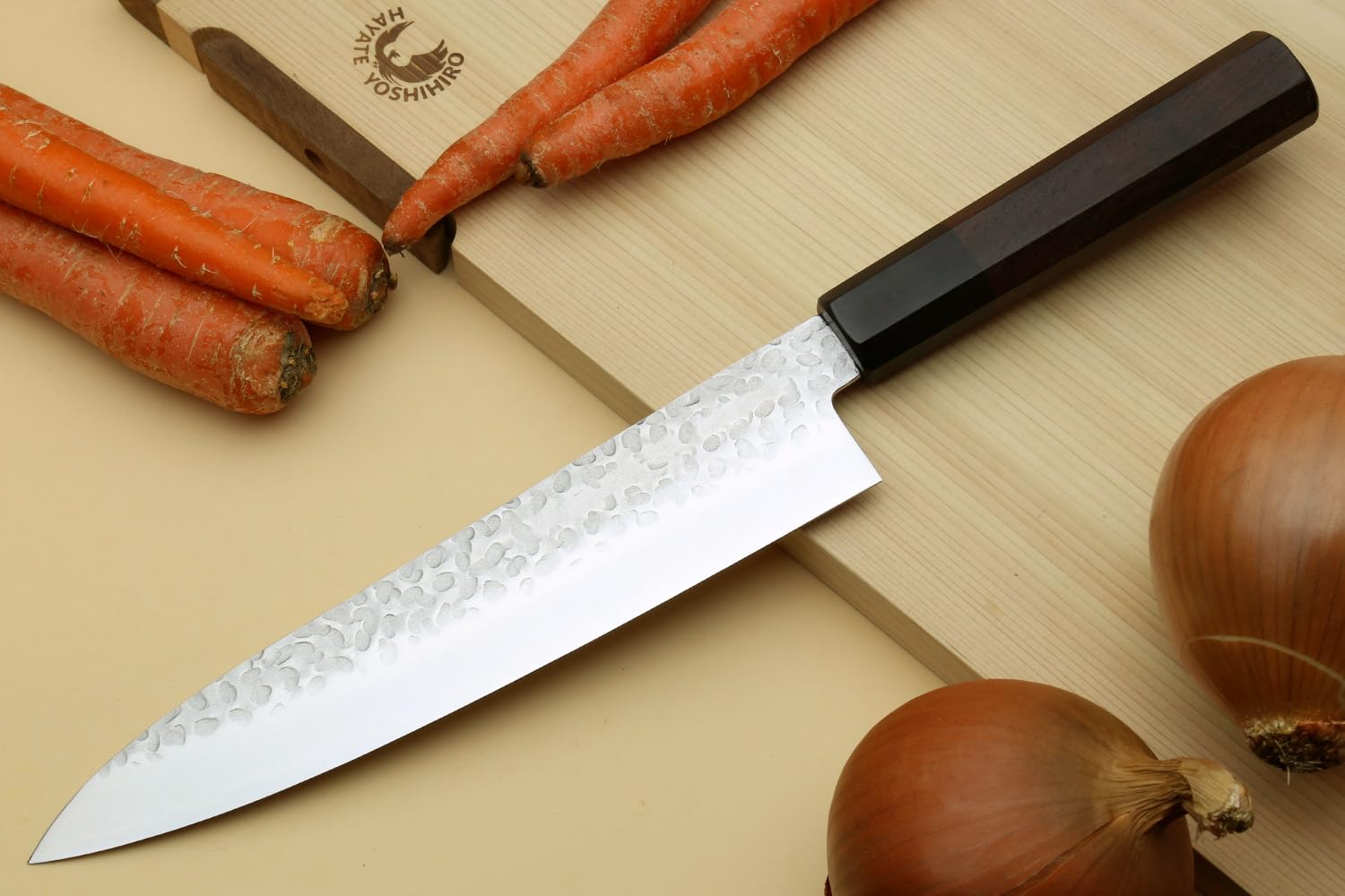 Yoshihiro Super Blue Steel Stainless Clad Hammered Gyuto Chefs Knife Rosewood Handle (8.25"(210mm) & Saya)