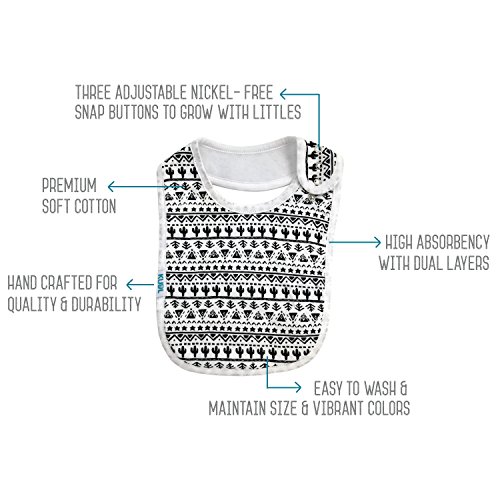 KUDL Baby Bibs Large Burpy Cloth 4 Pack Gift Set Soft Absorbent Feeding Reflux Drool Teething Bibs, Adjustable Snap Buttons, Funny Designs for Boys & Girls - Aztec Black & White