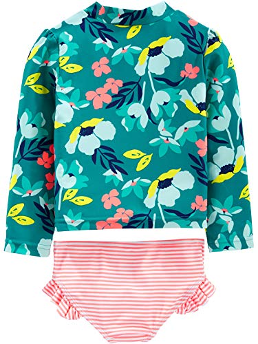 Simple Joys by Carter's Girls' 2-Piece Assorted Rashguard Sets, Green Floral/Pink Stripe, 18 Months