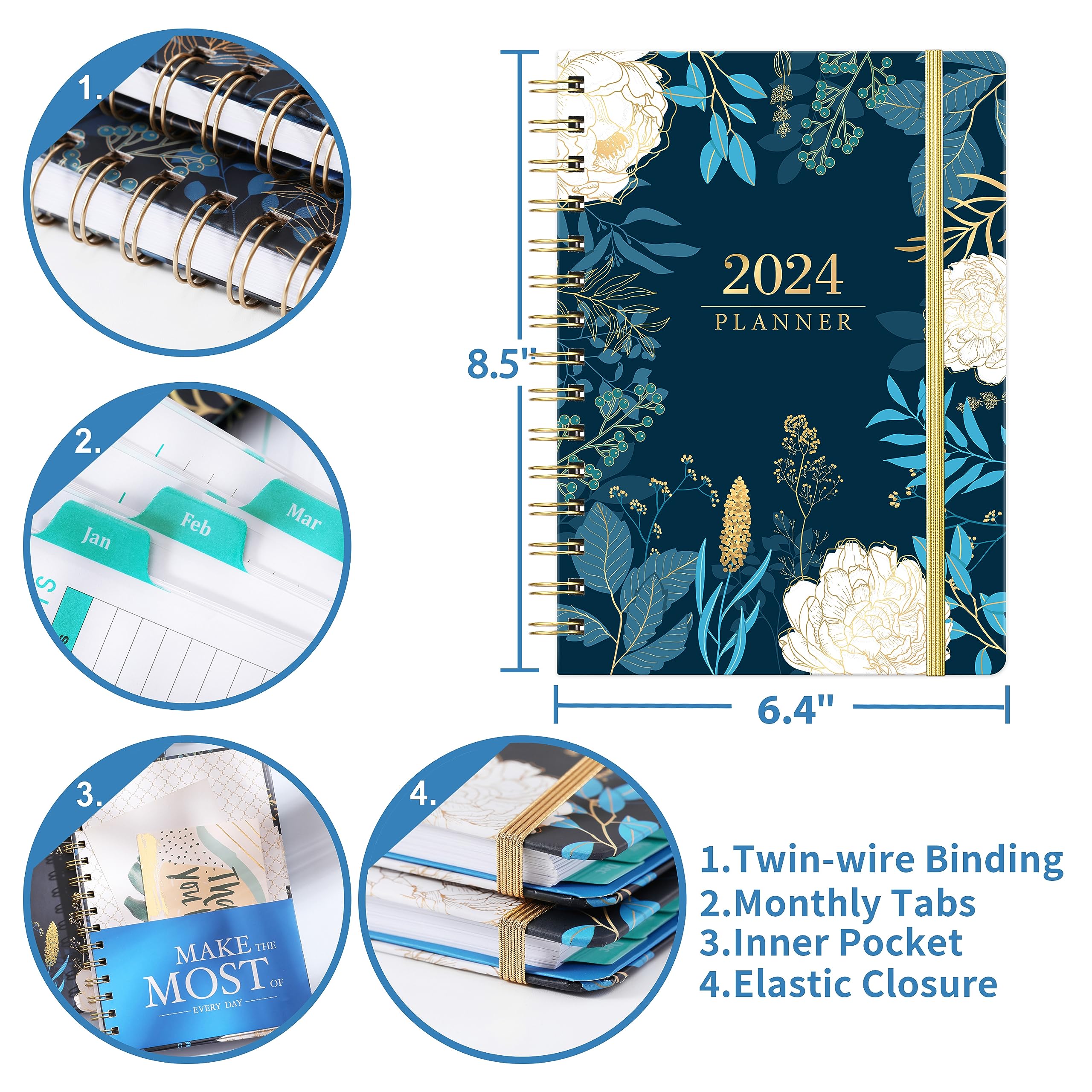 2024 Planner - Planner 2024, 2024 Planner Weekly and Monthly, Jan 2024 - Dec 2024, 6.4" x 8.5", 2024 Calendar Planner with Monthly Tabs, Back Pocket, Holidays, Thick Paper, Twin-Wire Binding
