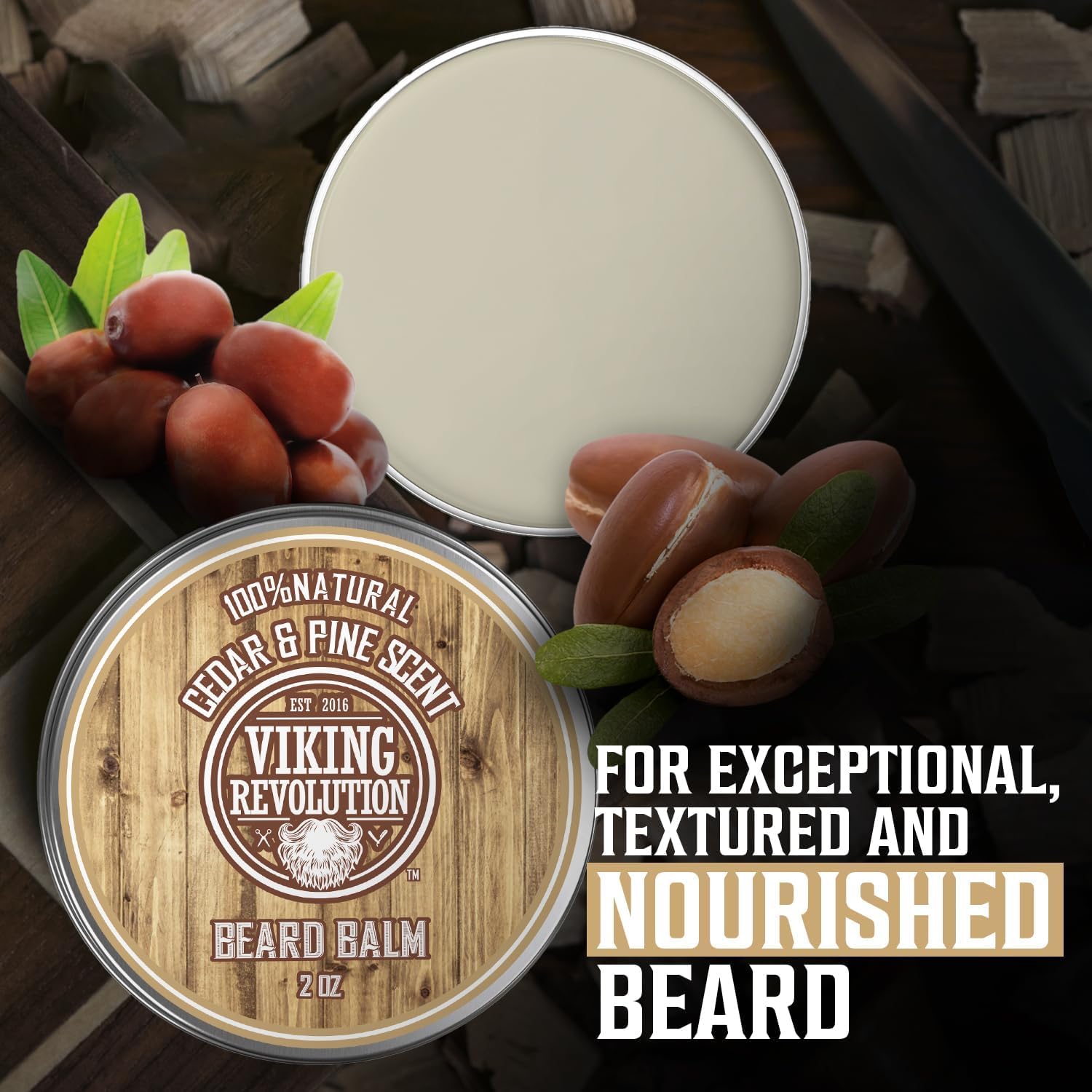 Viking Revolution Cedar and Pine Beard Balm - Beard Butter with Argan Oil, Beard Softener for Men with Jojoba Oil - Beard Moisturizer for Men with Beeswax - Beard Wax for Men (2oz, 1 Pack)