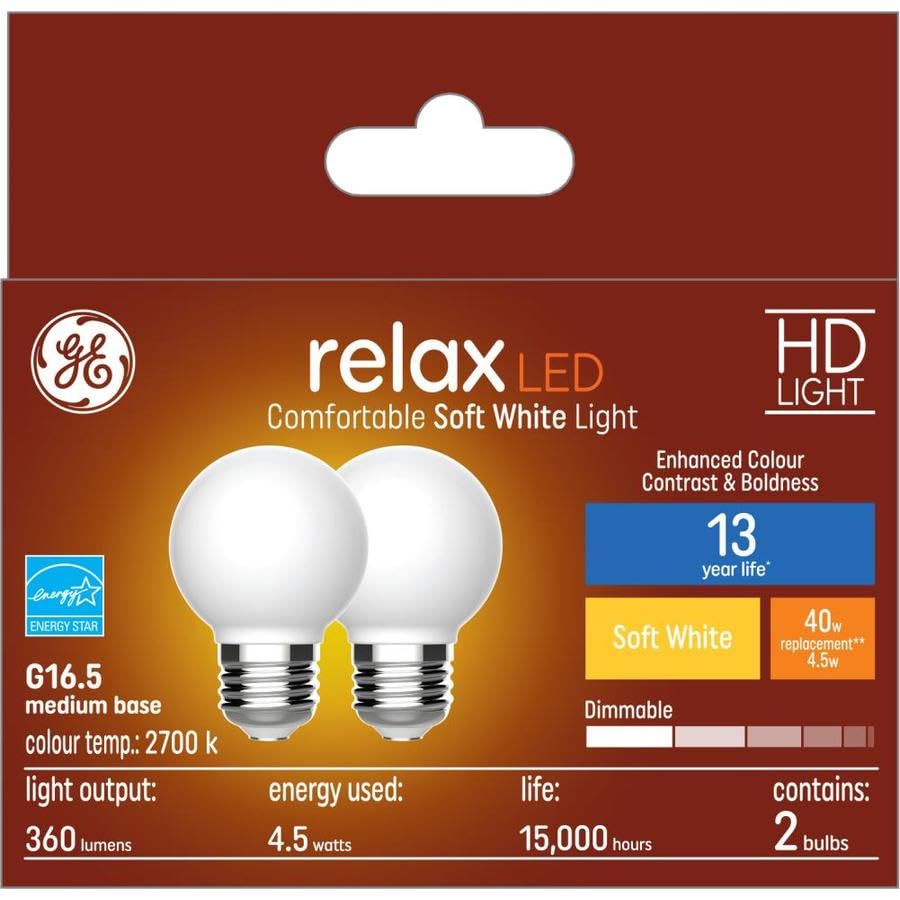 GE (2 Bulbs) Relax LED G16.5 Globe Light Bulbs, 40 watt Replacement, Medium Base, Warm Soft White high Definition Light, 2700K, Decorative Frosted Globe LED Light Bulbs