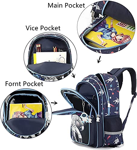 Egchescebo Kids Rolling School Backpack Bags for Boys School With Wheels Trolley Roller Wheeled 5PCS With Lunch Box Cute Astronaut Pattern Blue Backpacks Bags for Boys