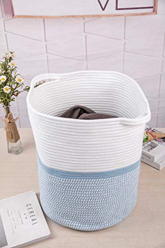 M Size Blue White Laundry Basket with Handles Toy Basket Clothes Hamper Home Decor Basket Towel Storage Woven Blanket Basket Cotton Rope Decorative Blanket Basket,Environmental Protection Material
