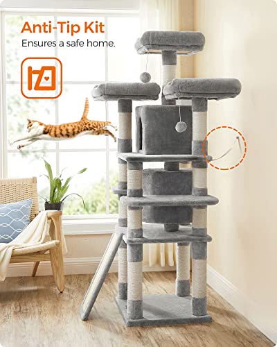 FEANDREA 67-Inch Multi-Level Cat Tree for Large Cats, with Cozy Perches, Stable, Light Gray UPCT18W