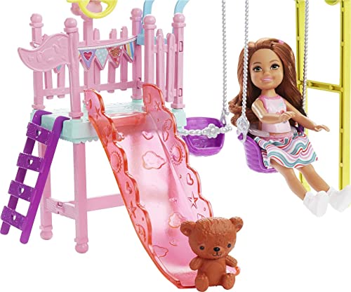 Barbie Club Chelsea Doll and Swing Set Playset with 2 Swings and Slide, Plus Teddy Bear Figure, Gift for 3 to 7 Year Olds