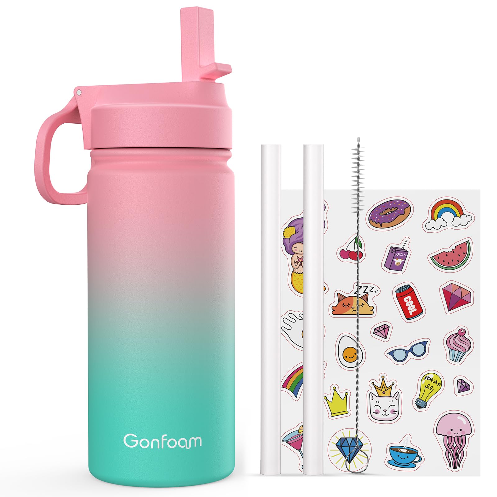 Kids Water Bottle, 16oz Kids Water Bottle with Stickers for School(Pink/Green)