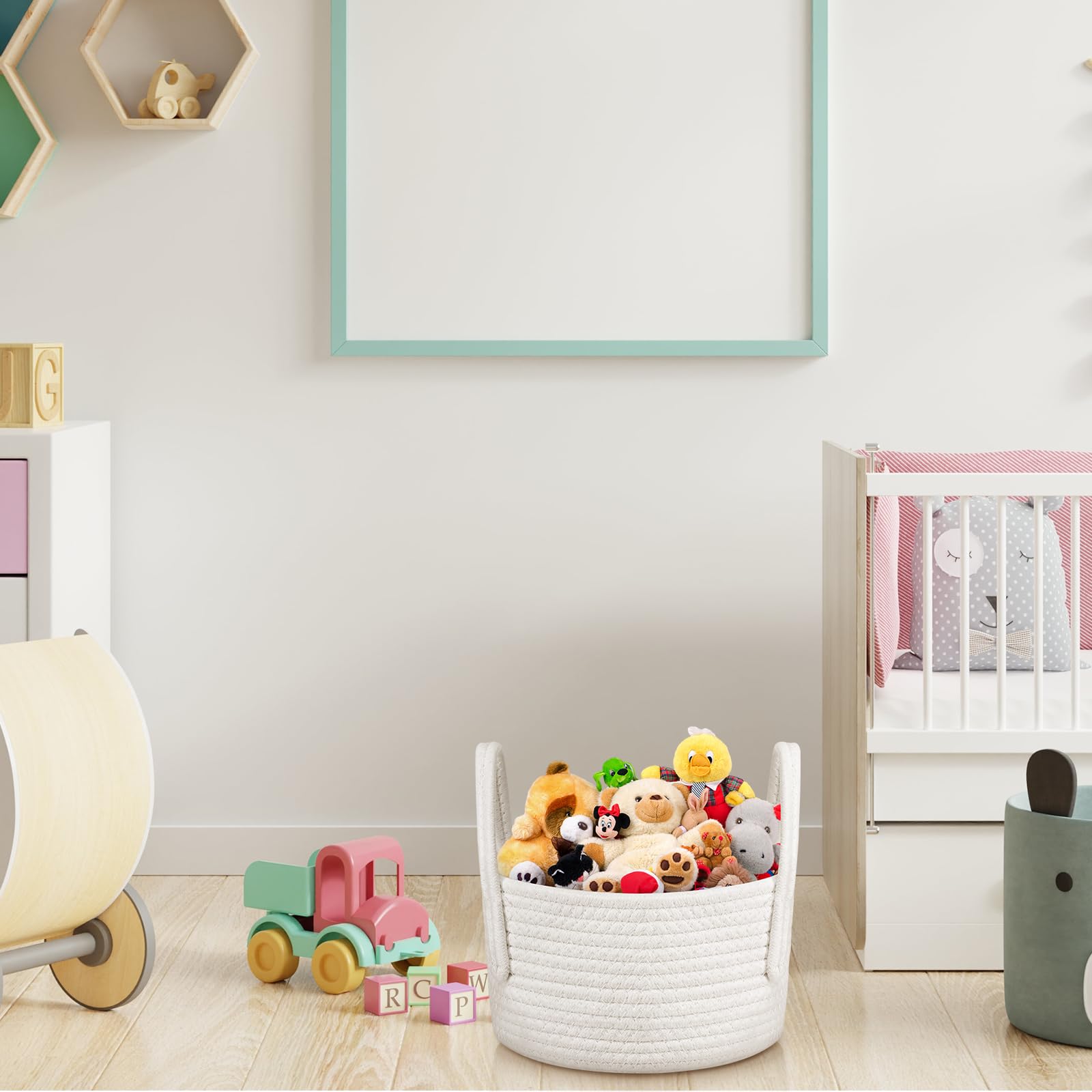 FillTouch 3 Pack Small Cotton Rope Storage Basket Baby Woven Nursery Baskets with Handles Cute Soft Laundry Baskets Organizer for Gifts Empty Room Shelf Storage Basket All 9.5 x 9.5 x 5.5, White