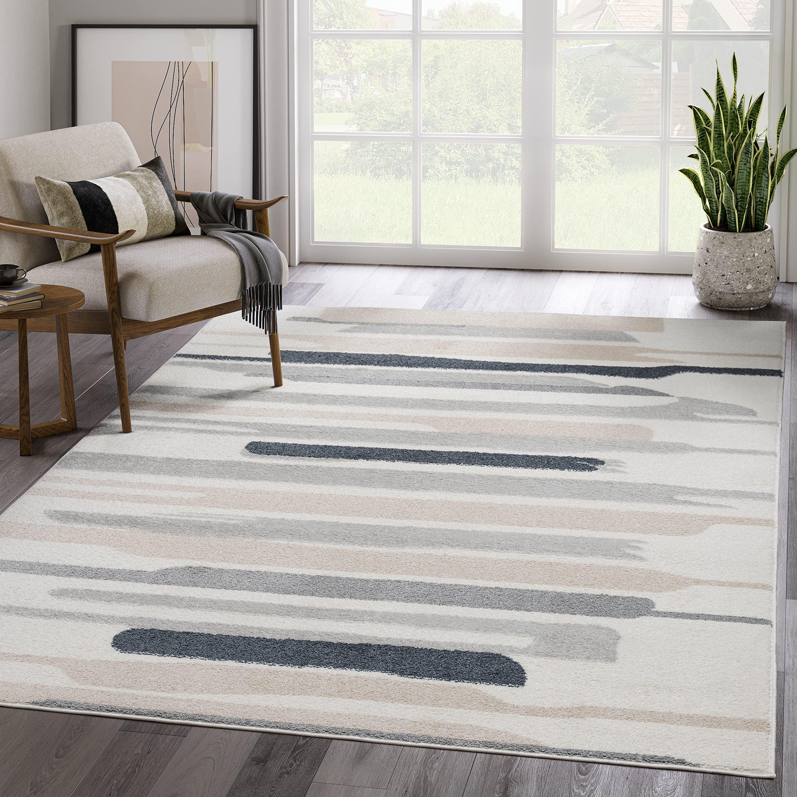 Abani Rugs Cream and Gray 8 ft. x 10 ft.(7'9"x10'2") Contemporary Neutral Paint line Area Rug. Superior Turkish Stain Resistant Area Rug