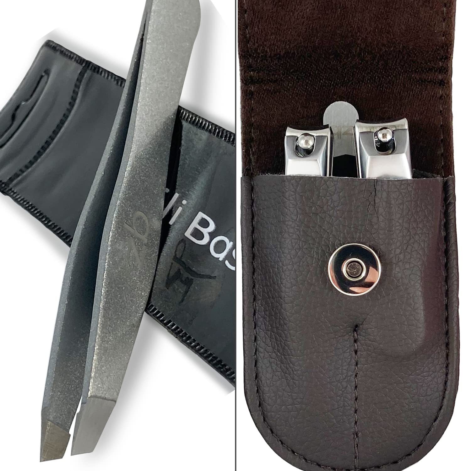 Zizzili Basics Slant Tweezers for Eyebrow and Facial Hair Removal and 3 Piece Nail Clipper Set - Fingernail & Toe Nail Clippers with Nail File and Brown Travel Case - Bundle