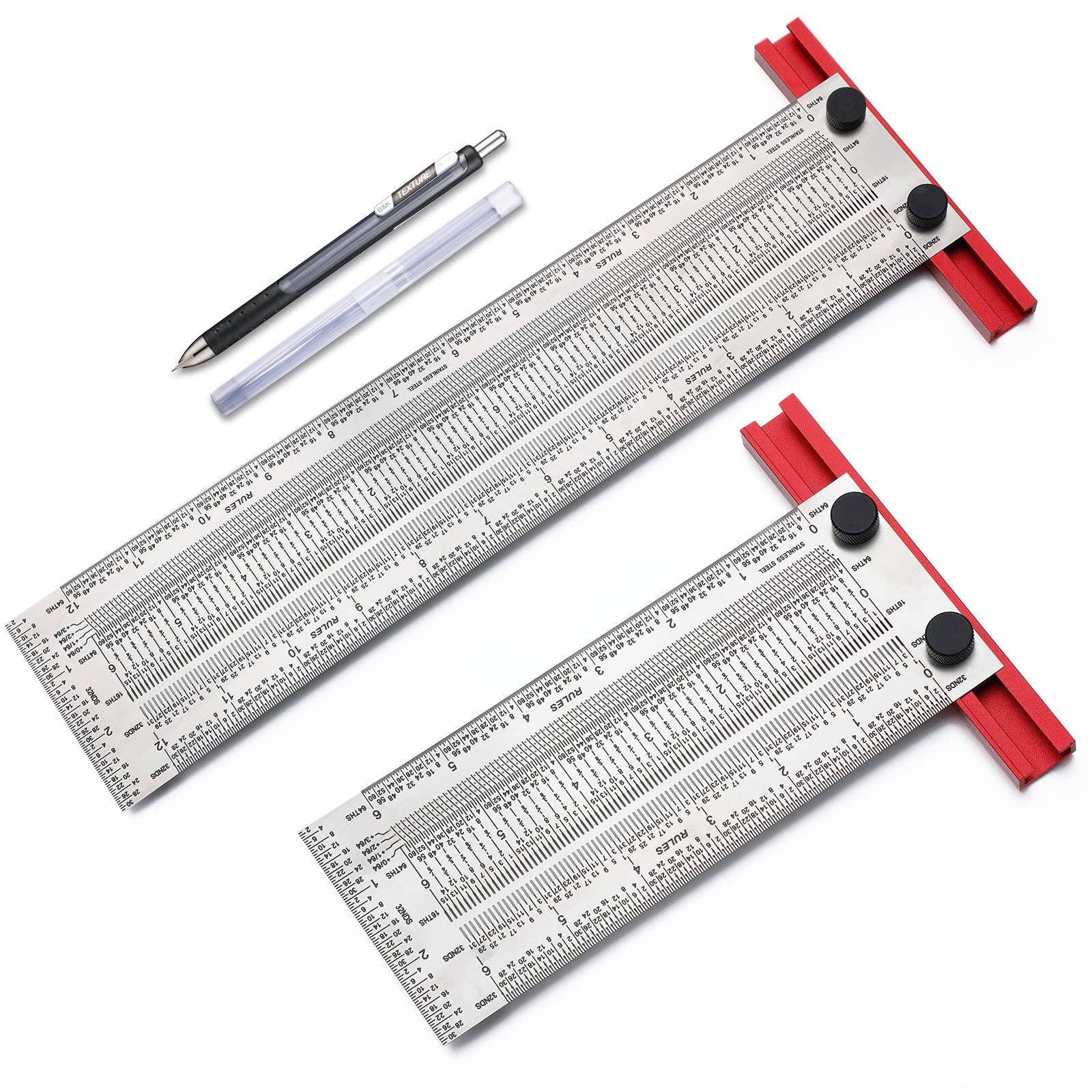 4 Pieces Precision Marking T Rule Set T Square Precision Marking T Rule Includes Compatible Pencil with 0.3 mm Mechanical Pencil Refill for Woodworking(6 Inch, 12 Inch)