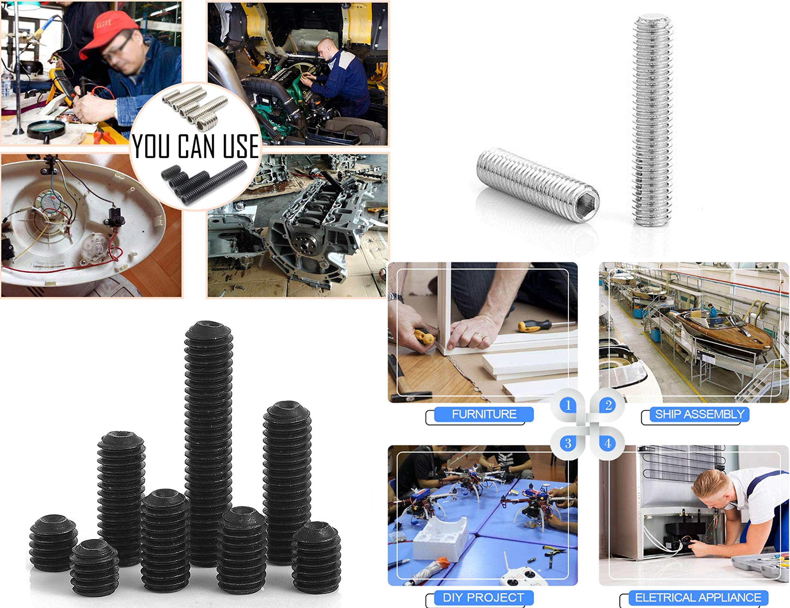LBY 720pcs M2 M2.5 M3 M4 M5 M6 Internal Hex Drive Cup-Point Set Screws,Socket Head Cap Screws Grub Screws Assortment Kit 12 Sizes,Carbon Steel Black