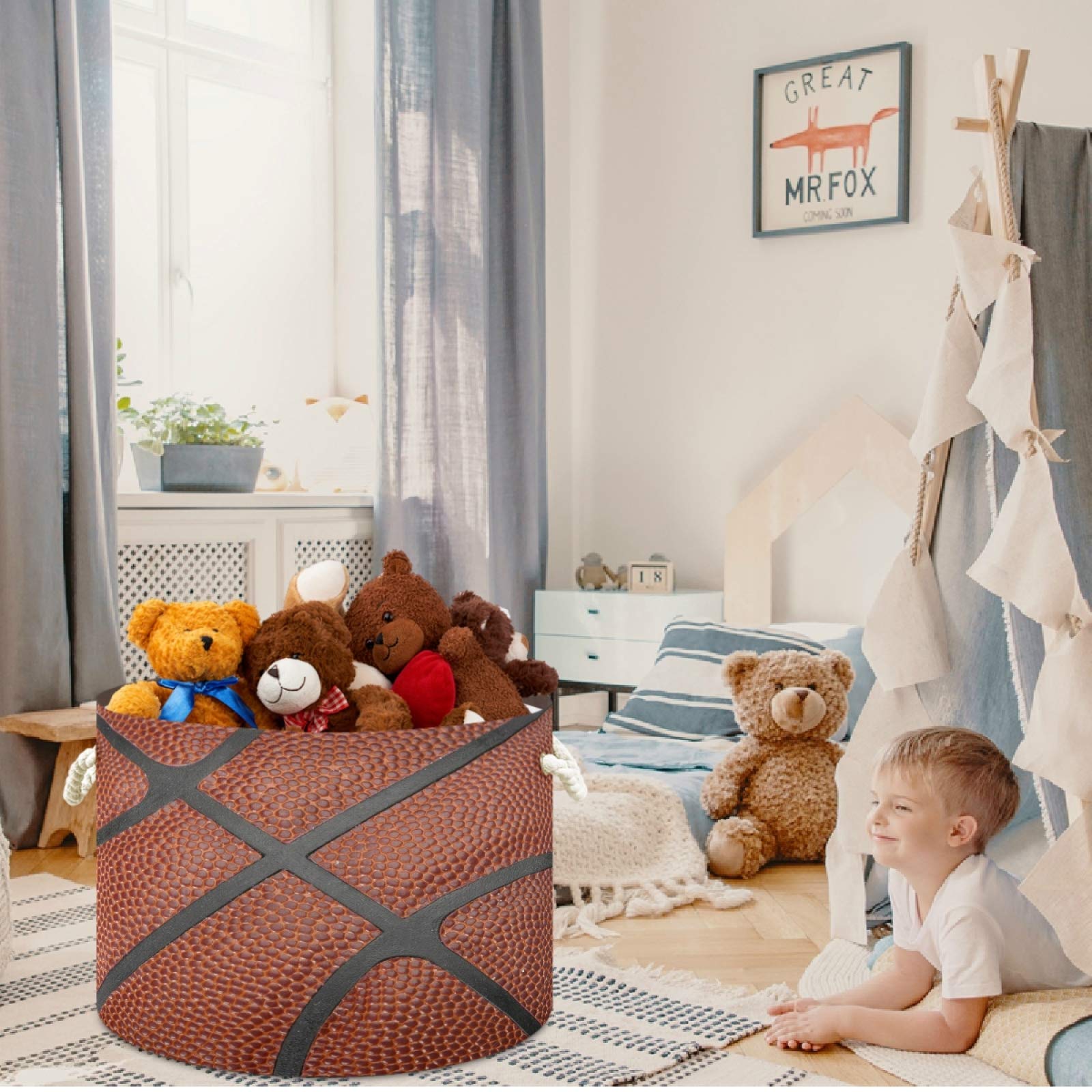 visesunny Storage Basket Basketball Nursery Hamper Canvas Fabric Toy Storage Organizer Bin Storage Box Laundry Basket for Kid Rooms,Playroom,Shelves,Toy Basket
