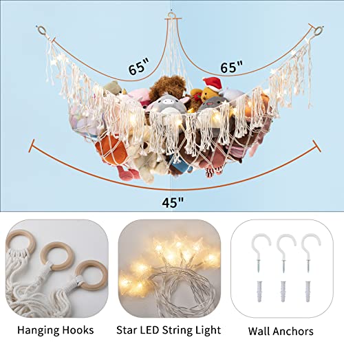 CUHIOY Toy Hammock for Stuffed Animals Large, Toy Storage Net Fits 40 Teddy Bears with Lights, Kids Mesh Hanging Nursery Organizer, Plush Toys Holder on Bedroom Wall Corner Decoration( Beige)|64x 64x 45 Inch