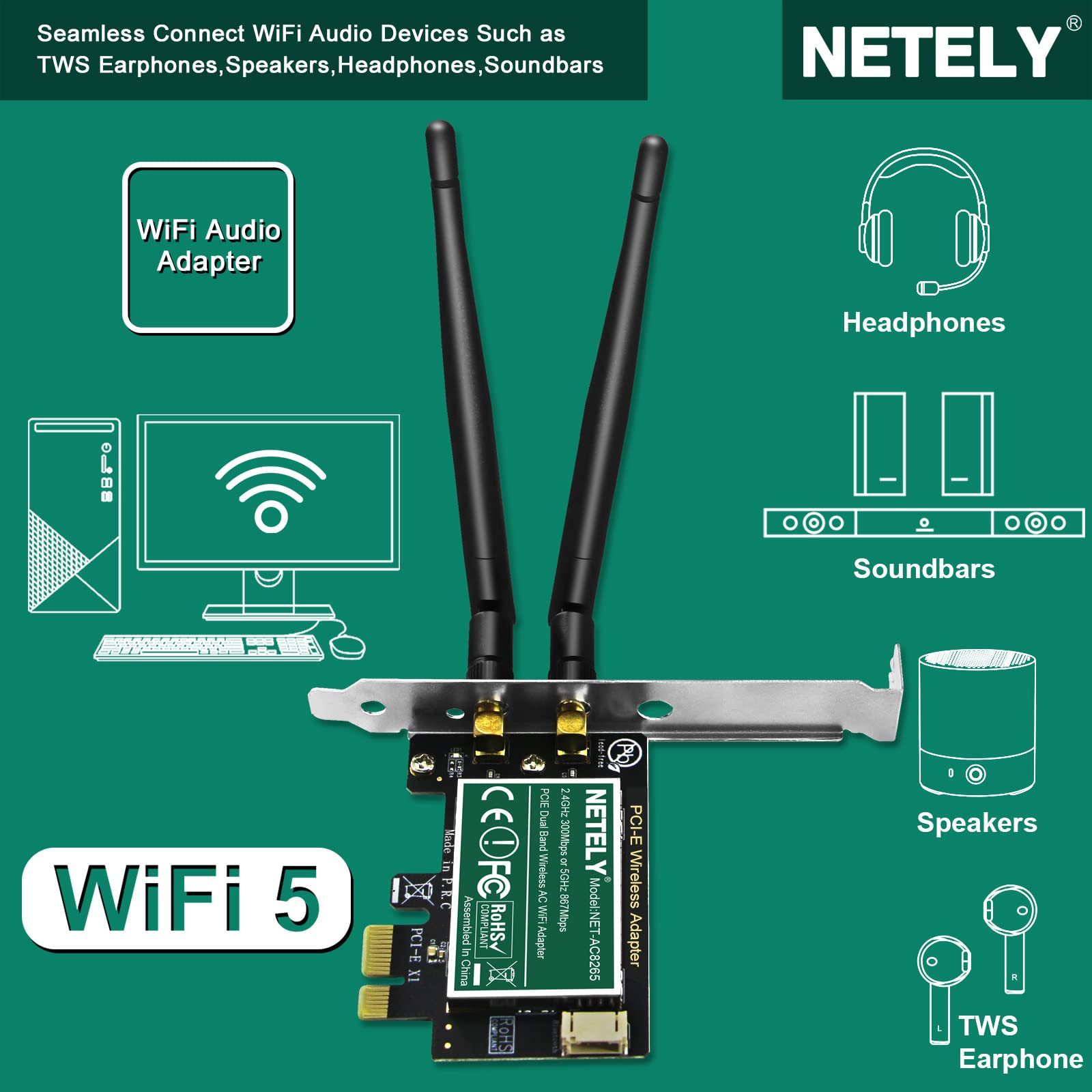 NETELY Dual Band Wireless-AC 1200Mbps PCIE WiFi Adapter with Bluetooth 4.2 for Windows 7, 8.x, 10, 11 64bit System Desktop PCs, 2.4GHz 300Mbps and 5GHz 867Mbps PCIE WiFi Card (NET-AC8265)
