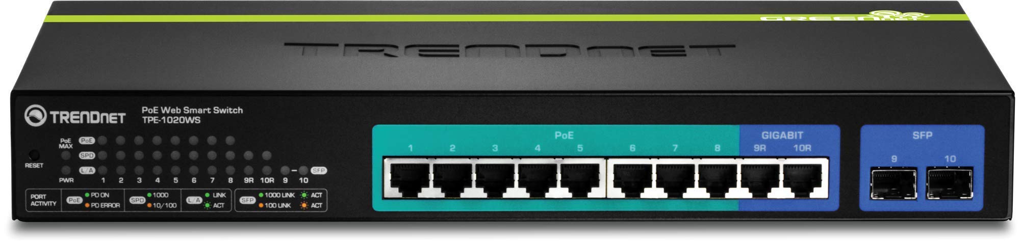 TRENDnet 8-Port Gigabit PoE+ and 2-Port Gigabit Ethernet Web Smart Switch with 2 Shared SFP Slots, Rack Mountable, TPE-1020WS (Renewed)
