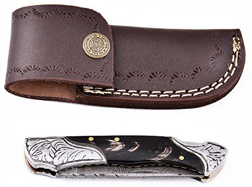 4" Damascus Steel Folding Hunting Knife Custom Made, with Buffalo Horn + Steel Handle H-124