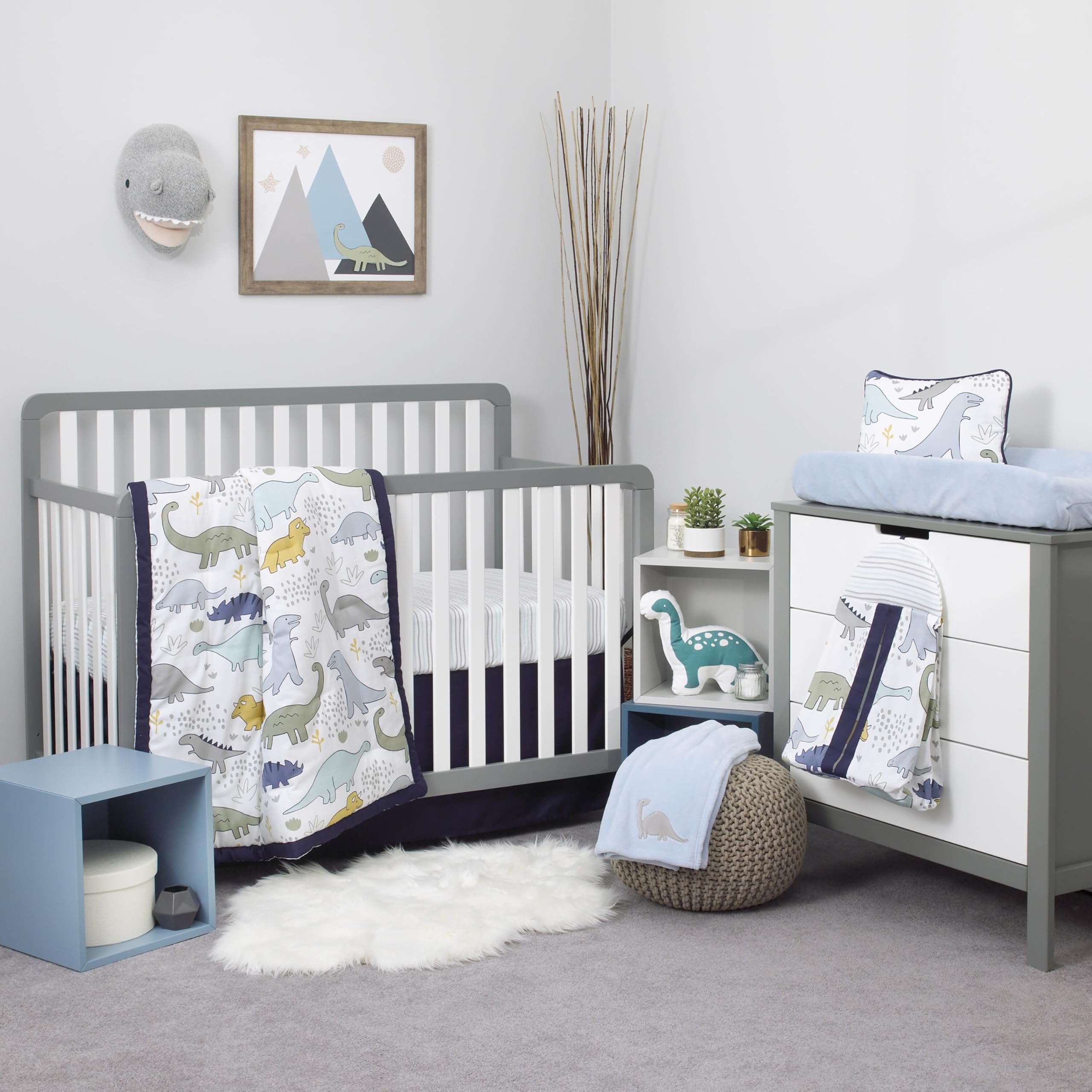 NOJO Dreamer Little Dinosaurs 8 Piece Nursery Crib Bedding Set, Navy Blue/Grey/White