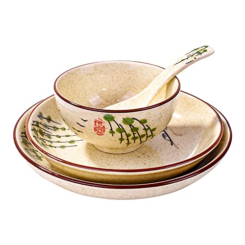 4-Piece Ceramic Dinnerware Set, Plate, Dish, Bowl, Spoon, Japanese Hand-painted Tableware set, A Good Gift