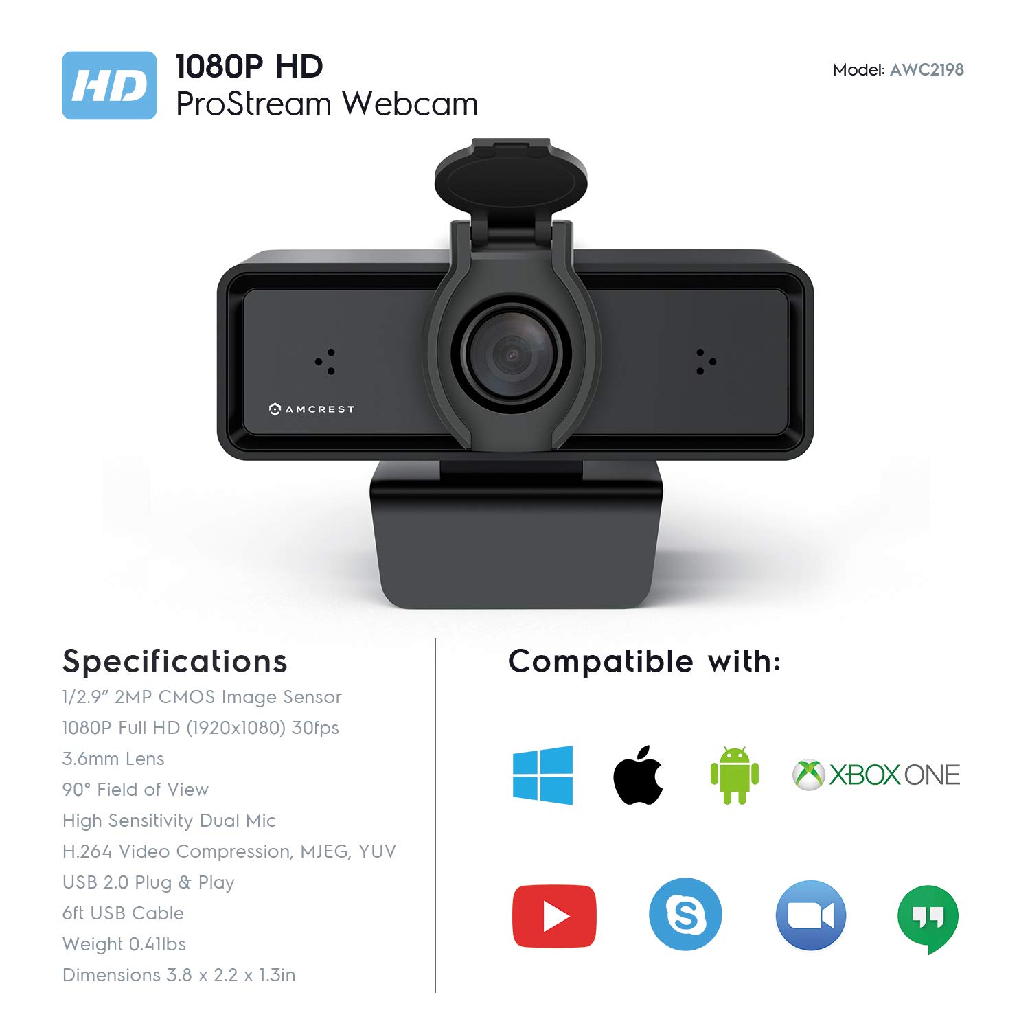 Amcrest 1080P Webcam with Microphone & Privacy Cover, 2 Noise-Cancelling Mics, USB Webcams for Desktop/Laptop PC Computer, Web Cam for Calls, Conference, Zoom, Skype, Online Classes, Meetings AWC2198