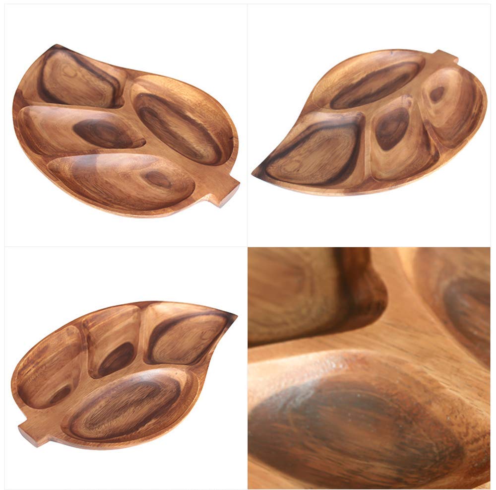 Acacia Premium Leaf Shaped Wooden 4-Compartment Divided Wood Accent-Plates Divided Dessert Dish Serving Trays Platters 4 Section