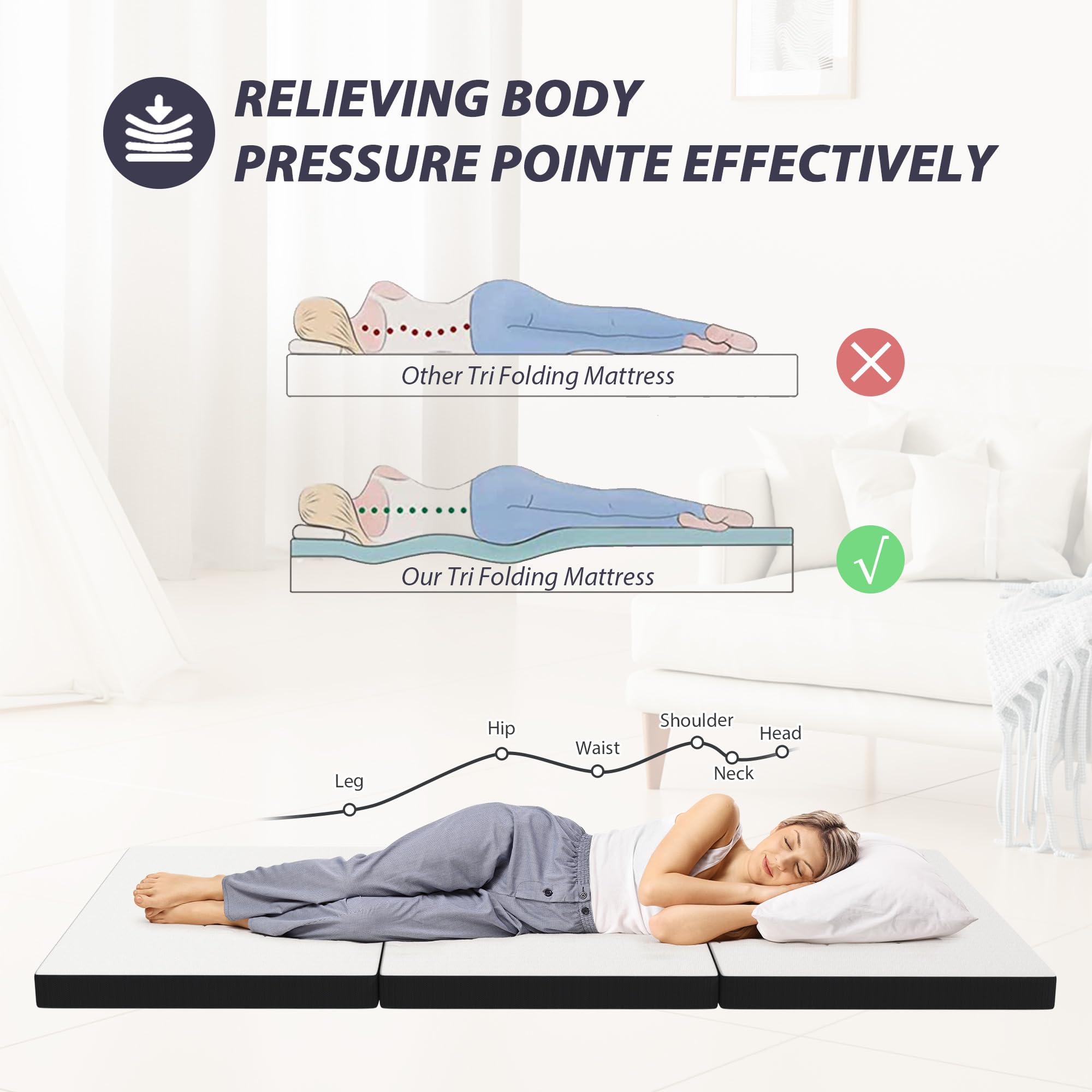 Folding Mattress, Tri-Fold Gel Memory Foam Mattress Portable Foldable Mattress with Washable Cover & Non-slip Bottom & Breathable Mesh Sides, Certipur-Us Certified, Fiberglass Free, (3 Inch, Twin XL)