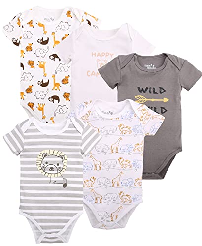 Maybe Baby Kids Infant Baby Layette Set Boys' and Girls' 5 Pack Cotton Baby Bodysuit, Wild Child Safari Animals, 0/3 Months