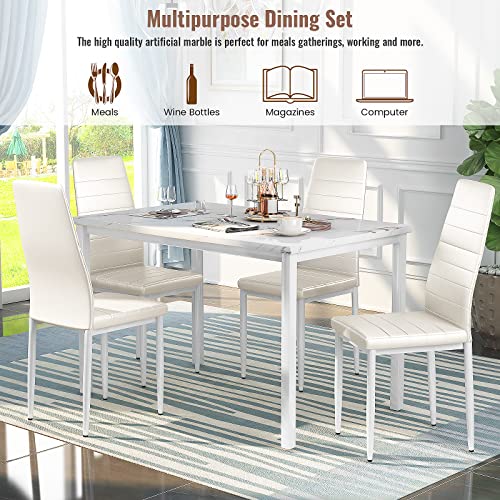 AWQM White Dining Table Set for 4,Faux Marble Kitchen Table and Chairs for 4 with Upholstered Leather Chairs,Dining Room Table Set for Kitchen,Small Spaces,Breakfast Nook,White+Beige