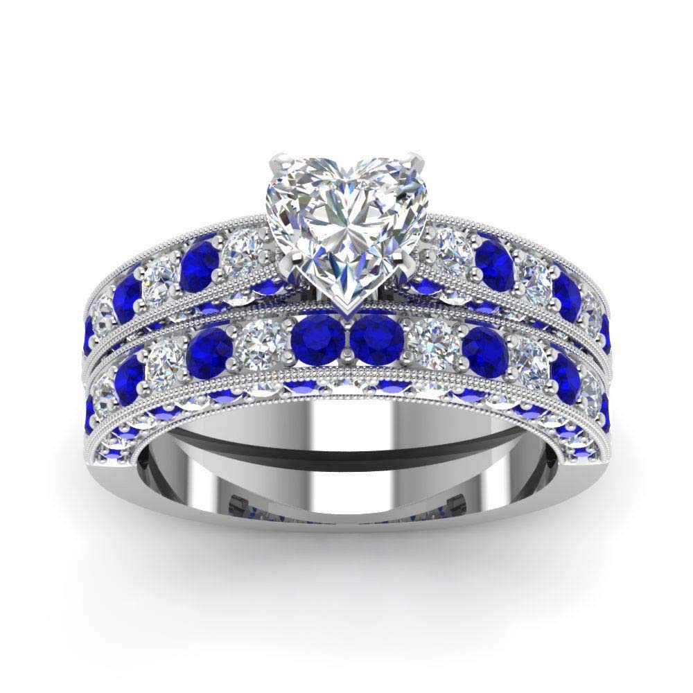 3pc TWO RINGS His Hers Wedding Ring Sets Couples Rings Women's White Gold Plated Heart CZ Wedding Engagement Ring Bridal Sets Men's Stainless Steel Wedding Band