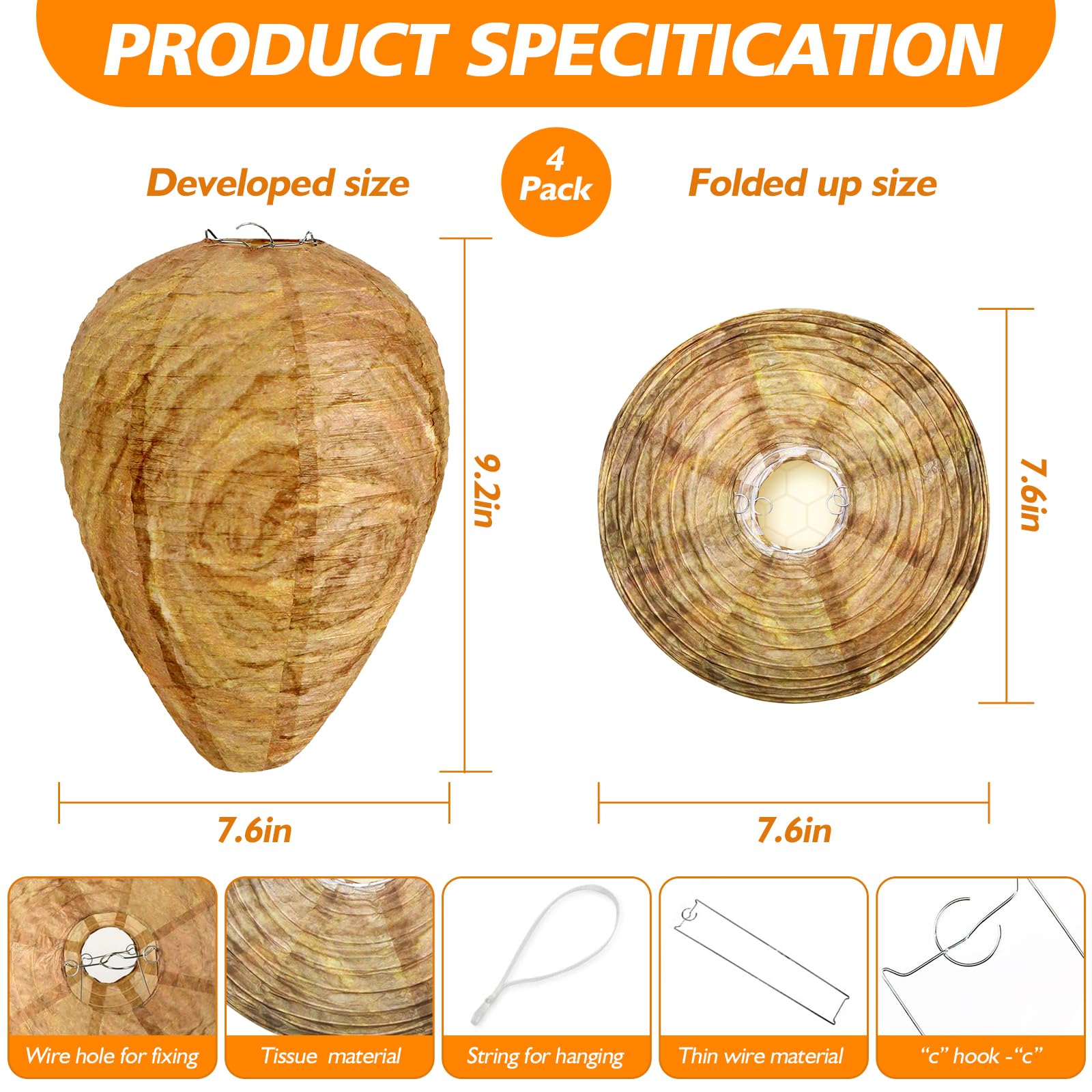 4Pack Fake Wasp Nest Decoy Outdoor Waterproof, Fake Hornet Nest Decoy Waterproof, Brown, TangBoo