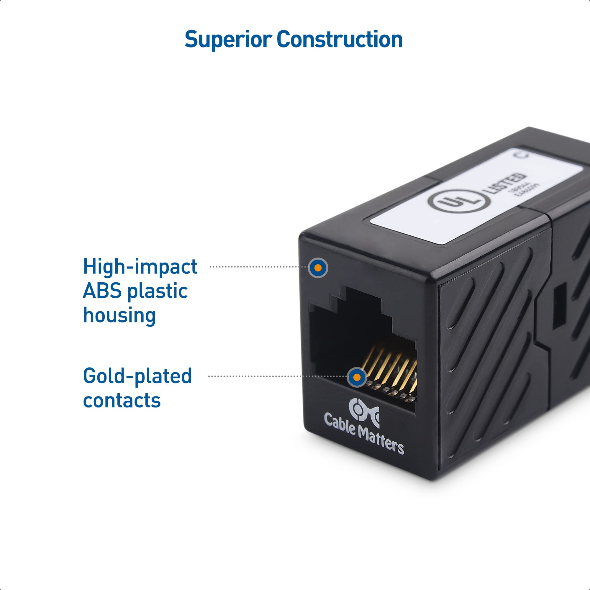 Cable Matters [UL Listed] 5-Pack 10Gbps Cat 6 Ethernet Coupler (RJ45 Coupler, Cat6 Coupler, Ethernet Extender Adapter) in Black, Compatible with Cat6A, Cat5e