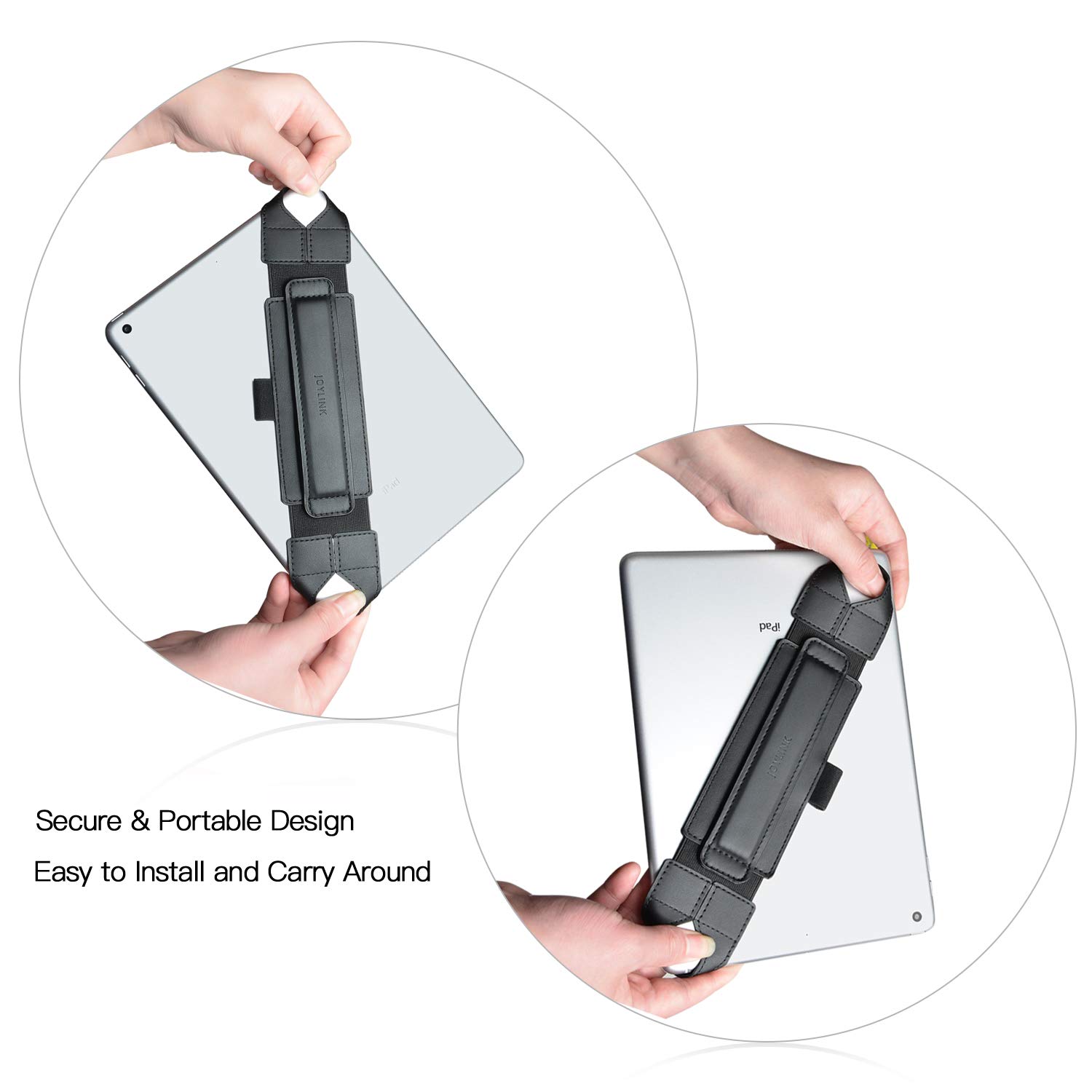 Joylink iPad Hand Holder Strap with Pen Loop and 360°Swivel Leather Handle Grip Elastic Belt for 10.1" Tablets (iPad Air Pro Samsung Nexus), Black Upgrade Version
