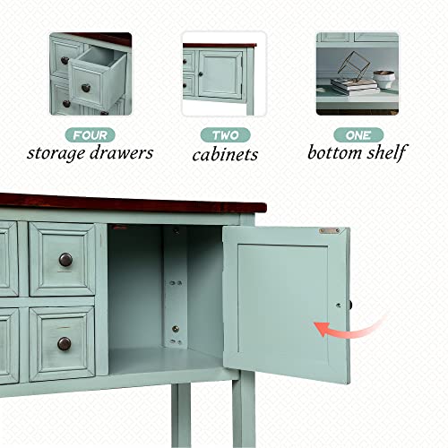 Knocbel Vintage Wood Console Table Buffet Sideboard with 4 Storage Drawers, 2 Cabinets & Bottom Shelf, Entryway Hallway Foyer Table Cupboard Coffee Bar Cabinet, 46" L x 15" W x 34" H (Antique Blue)