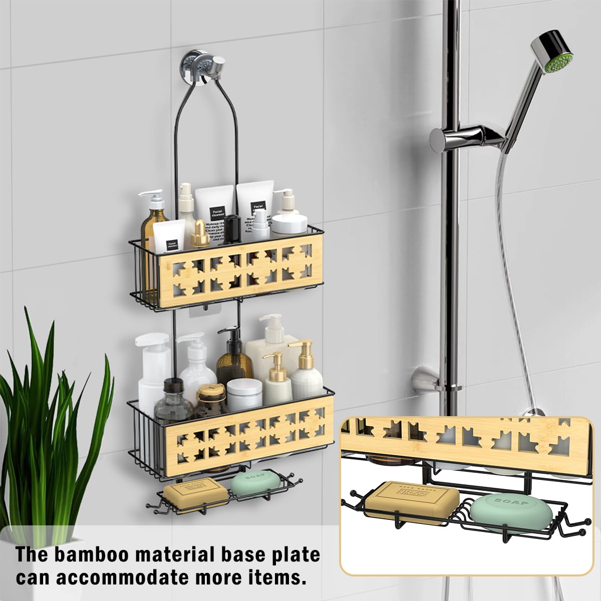 melos Shower Caddy Over Shower Head, 3 Tier Hanging Shower Organizer, Shower Caddy Hanging, Shower Rack Hanging Rustproof With Soap Holder, for Bathroom Hooks and Bamboo Board Silver