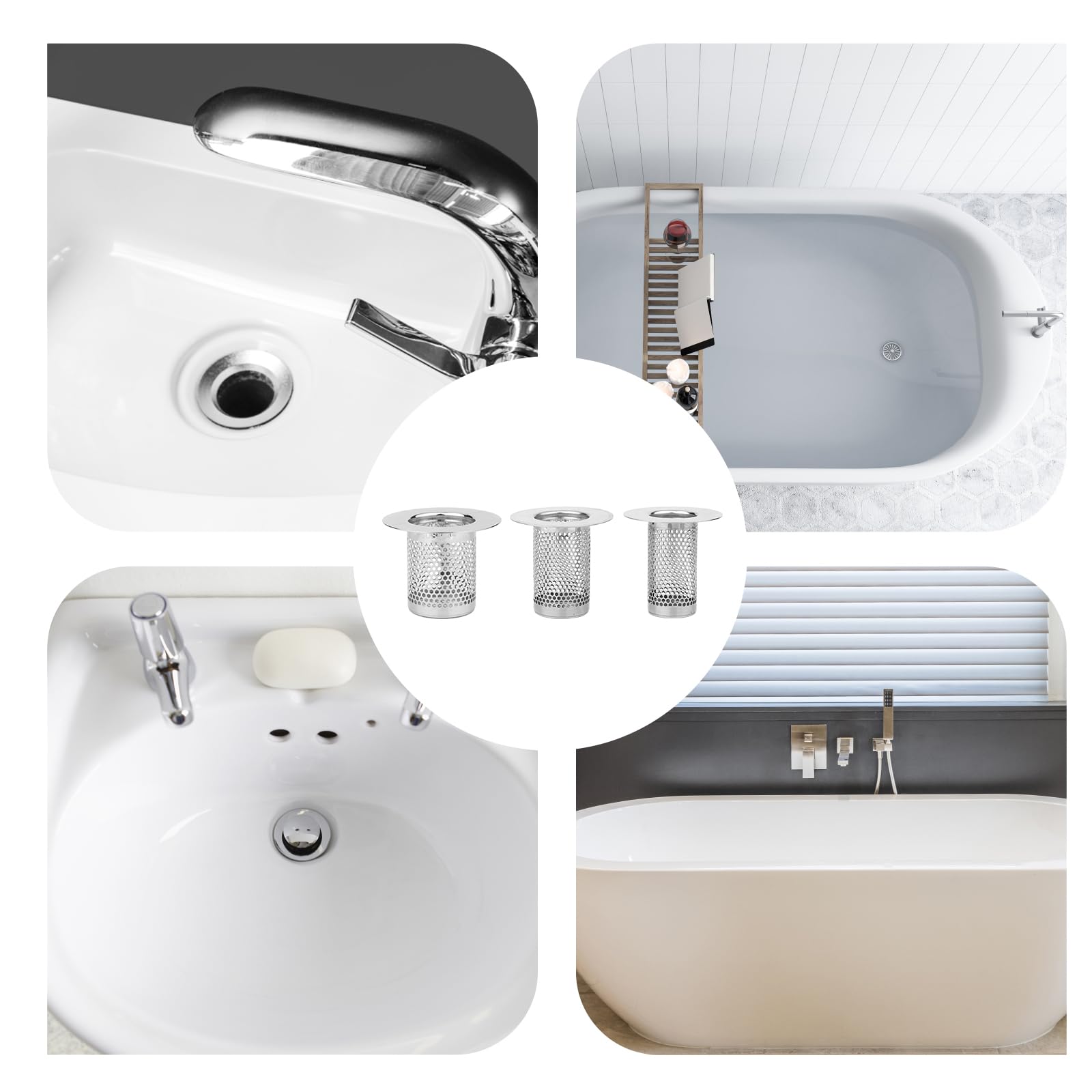 3pcs Bathtub Drain Cover, Hair Catcher Shower Drain Stainless Steel Deep Hair Catcher Hair Strainer Shower Drain Filter for Sink Strainer, Bathtub