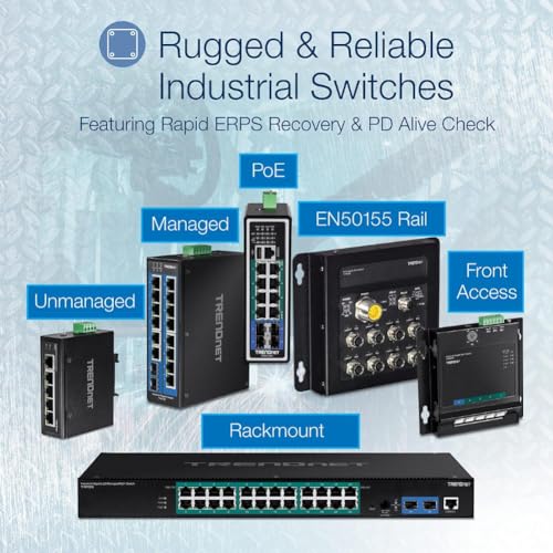 TRENDnet 5-Port Industrial Unmanaged Fast Ethernet DIN-Rail Switch, 5 x Fast Ethernet Ports, IP30, Operating Temperature Range of -40° – 75°C (-40° – 167°F), Lifetime Protection, Black, TI-E50