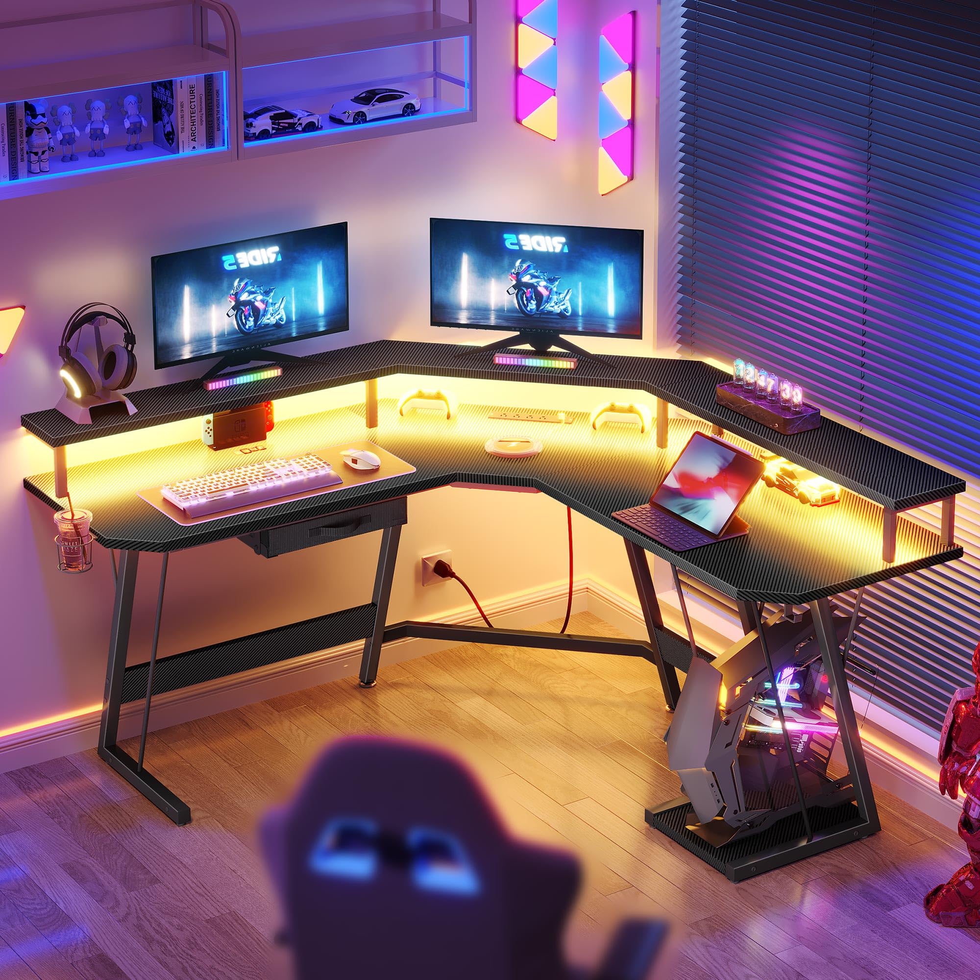 YITAHOME L Shaped Gaming Desk with LED Lights & Power Outlets, 55" Computer Desk with Drawer & Monitor Stand & Carbon Fiber Surface, Home Office Corner Desk with Cup Holder & Hook, Black