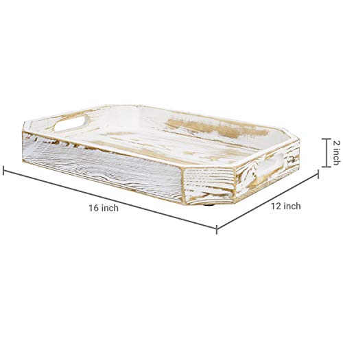 MyGift Shabby White Washed Solid Wood Large Serving Breakfast Tray with Cut-out Handles and Angled Edges, Decorative Ottoman Coffee Table Server Tray Platter, 16 x 12 inch