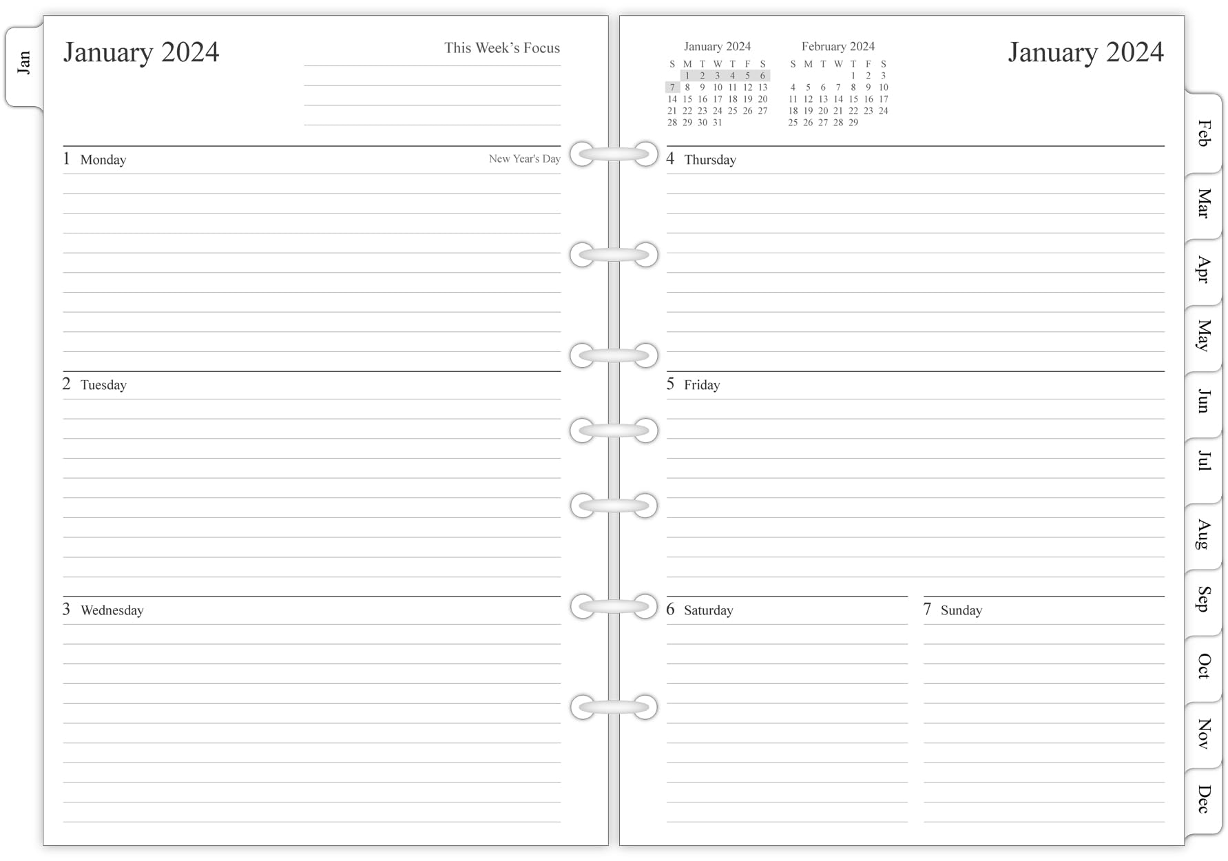 2024 Weekly & Monthly Planner Refill, 5-1/2" x 8-1/4", Runs from January 2024 to December 2024, Ruled Daily Boxes, Classic/Desk Size 4, 7-Hole Punched