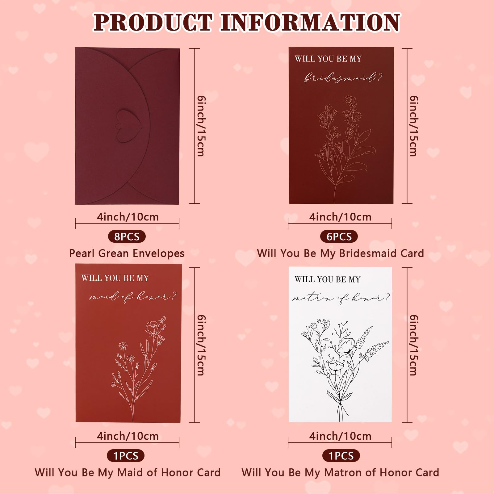 Eaezerav Bridal Shower Games Will You Be My Bridesmaid Cards with Envelopes, 16 Pcs Bride to Be Cards for Wedding Party Proposal (wine red)