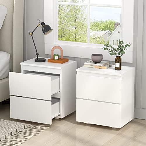 AIEGLE White Nightstand with 2 Drawers, Small Wood Storage Bed Side Table End Table Set of 2, Handle Free Storage for Bedroom Living Room Office (15.7" W x 11.6" D x 18.9" H)