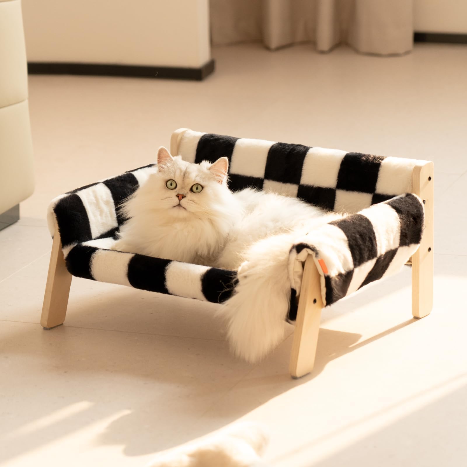 MEWOOFUN Cat Couch Bed, Pet Sofa for Indoor Cats Wooden Indoor Elevated Cat Beds with Removable Mattress Cover Suitable for Kitty, Puppy or Small Animal (Chessboard, Medium)