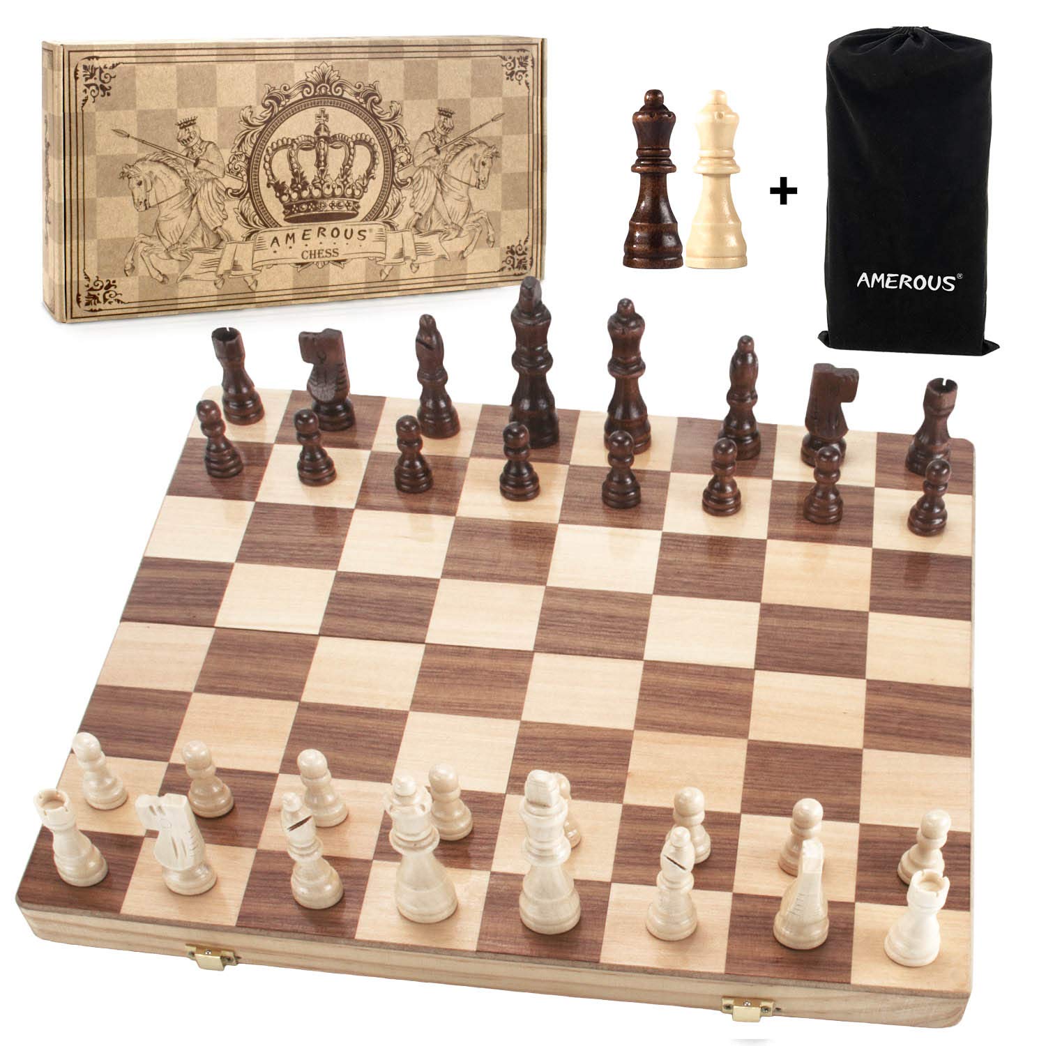 Amerous 15" x 15" Magnetic Wooden Chess Set, Folding Travel Chess Board with 2 Extra Queens / Pieces Storage Slots / Carry Bag , Handmade Large Wooden Board Game for Kids and Adults